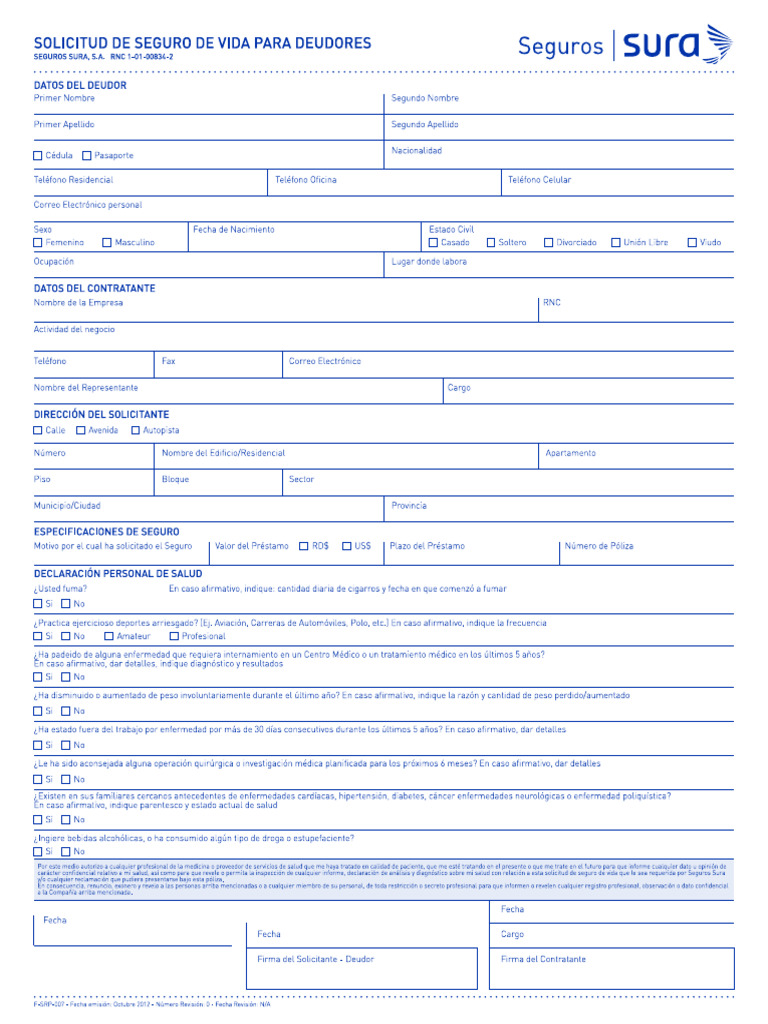 F-SRP-007 Solicitud Seguro de Vida para Deudores - AF | PDF