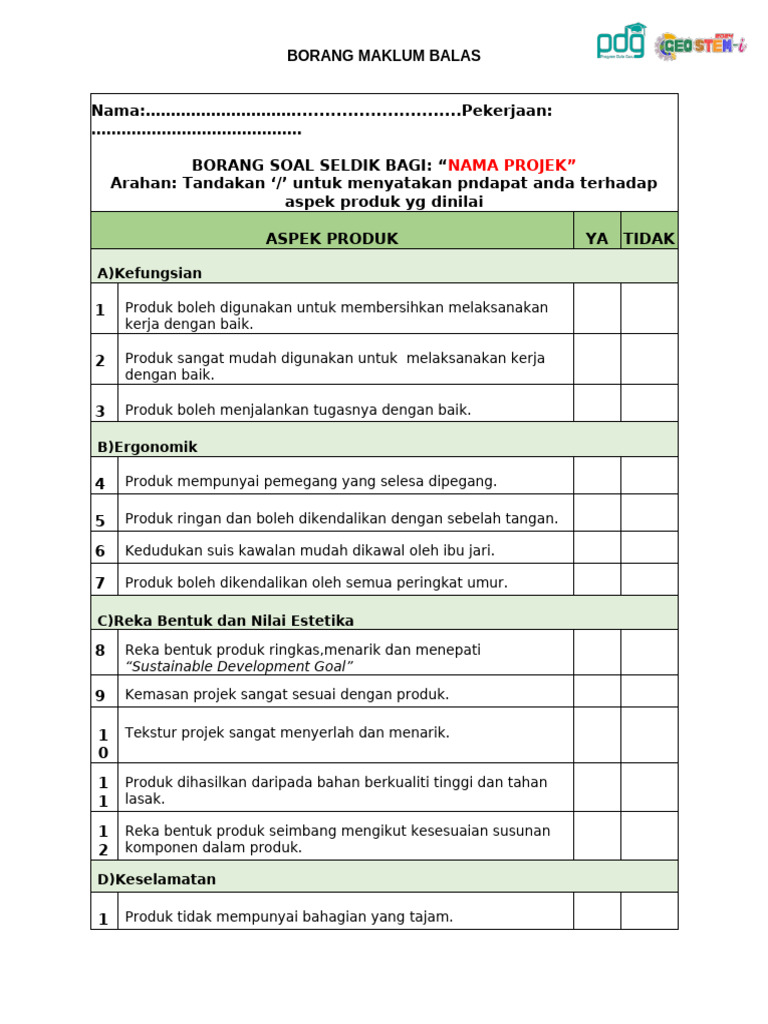 Borang Soal Selidik Geo Stem Di Fasa Cipta Dan Uji | PDF