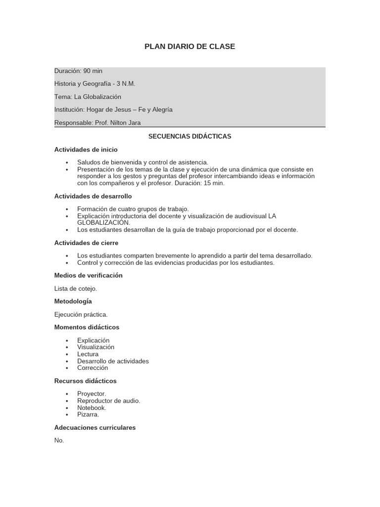 Plan Diario de Clase | PDF