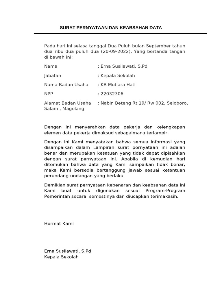 Surat Pernyataan Dan Keabsahan Data | PDF