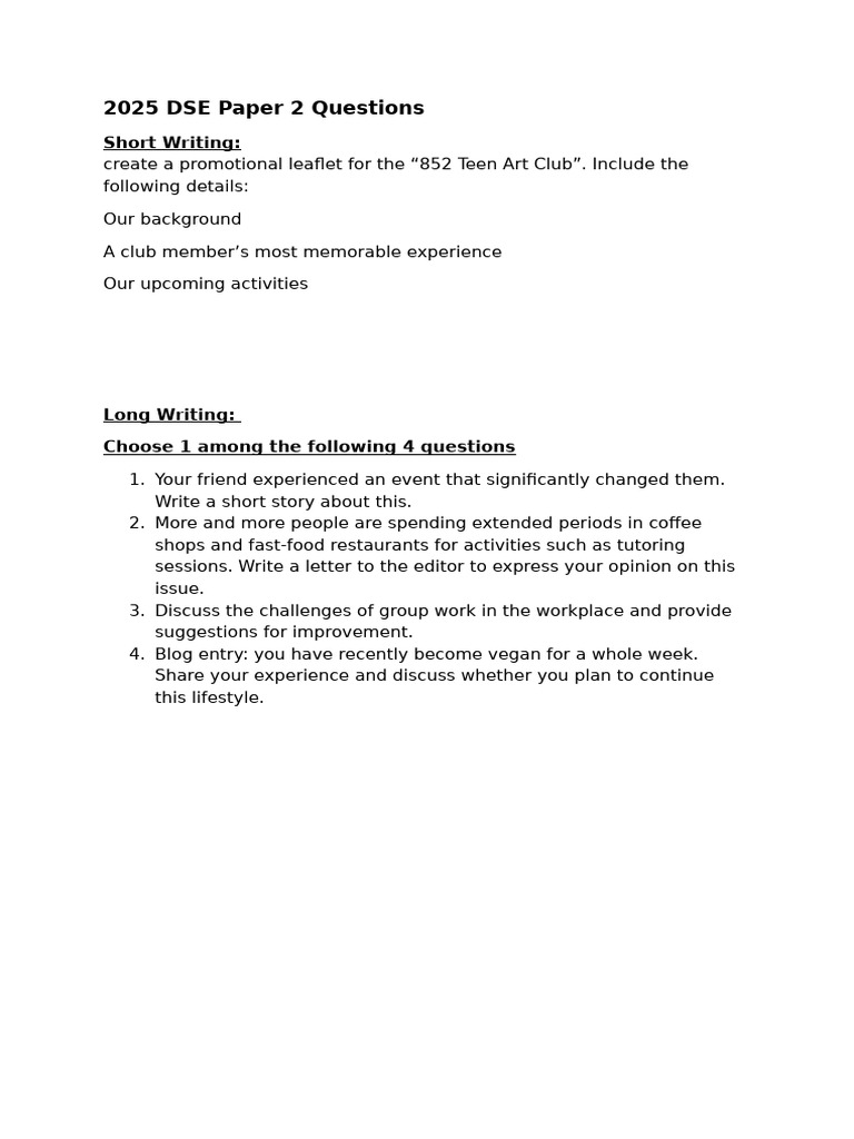 2025 DSE Paper Questions | PDF | Adolescence | Tourism