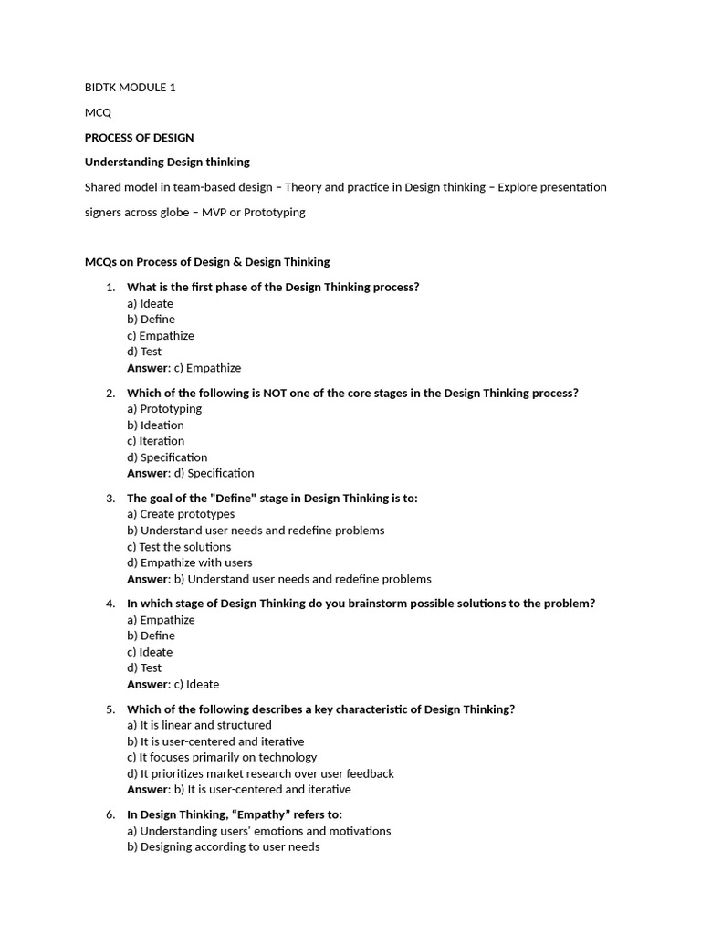 Design Thinking and Prototyping MCQs | PDF | Design Thinking | Prototype