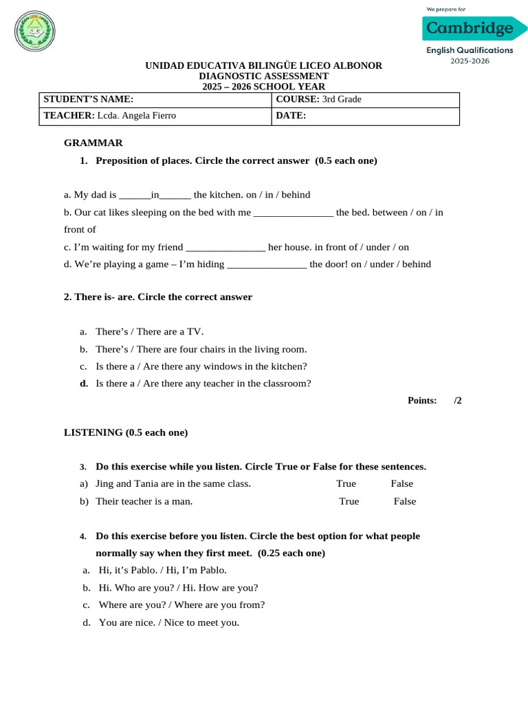 3ro PRUEBA DIAGNOSTICO 3RO | PDF | Grammar | Accent (Sociolinguistics)
