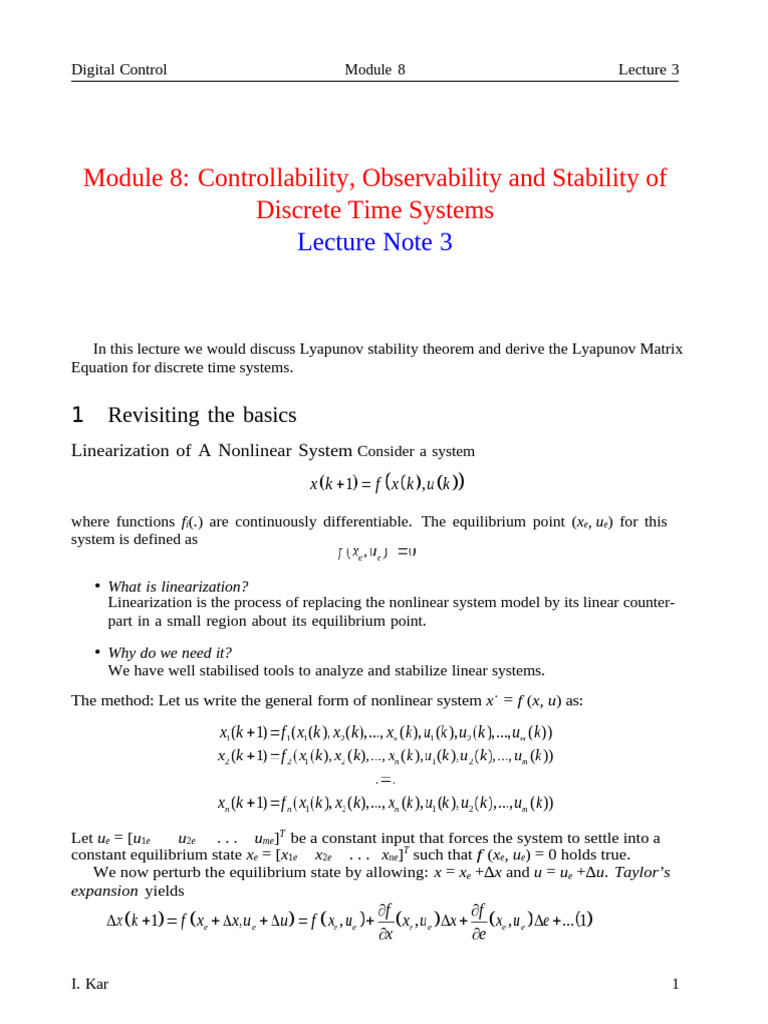 L31 - COntrollability, Observability and Stability of Discrete Time Systems | PDF | Stability ...