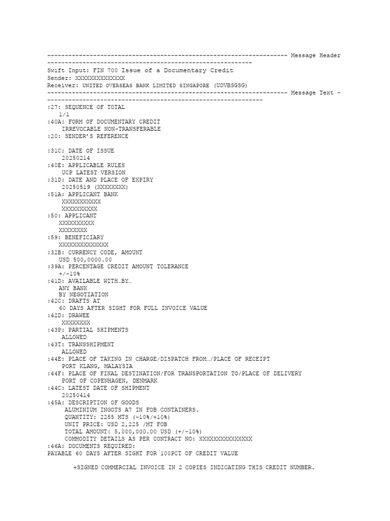 MT700 Non-Transferable Credit Details | PDF | Bill Of Lading
