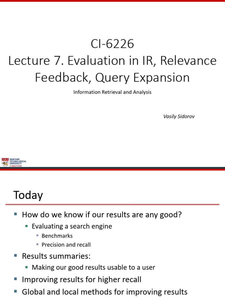 Lecture 7 - Evaluation in IR, Relevance Feedback, Query Expansion | PDF ...