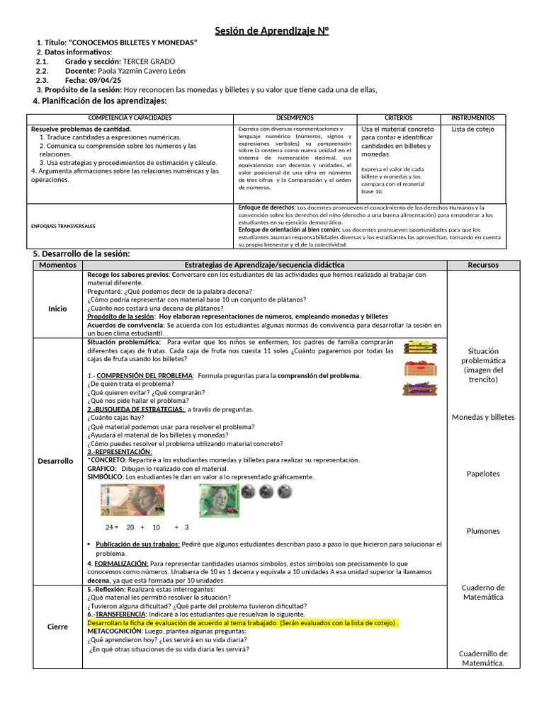 SESIÓN DE APRENDIZAJE Billetes y Monedas - Mate | PDF | Aprendizaje ...