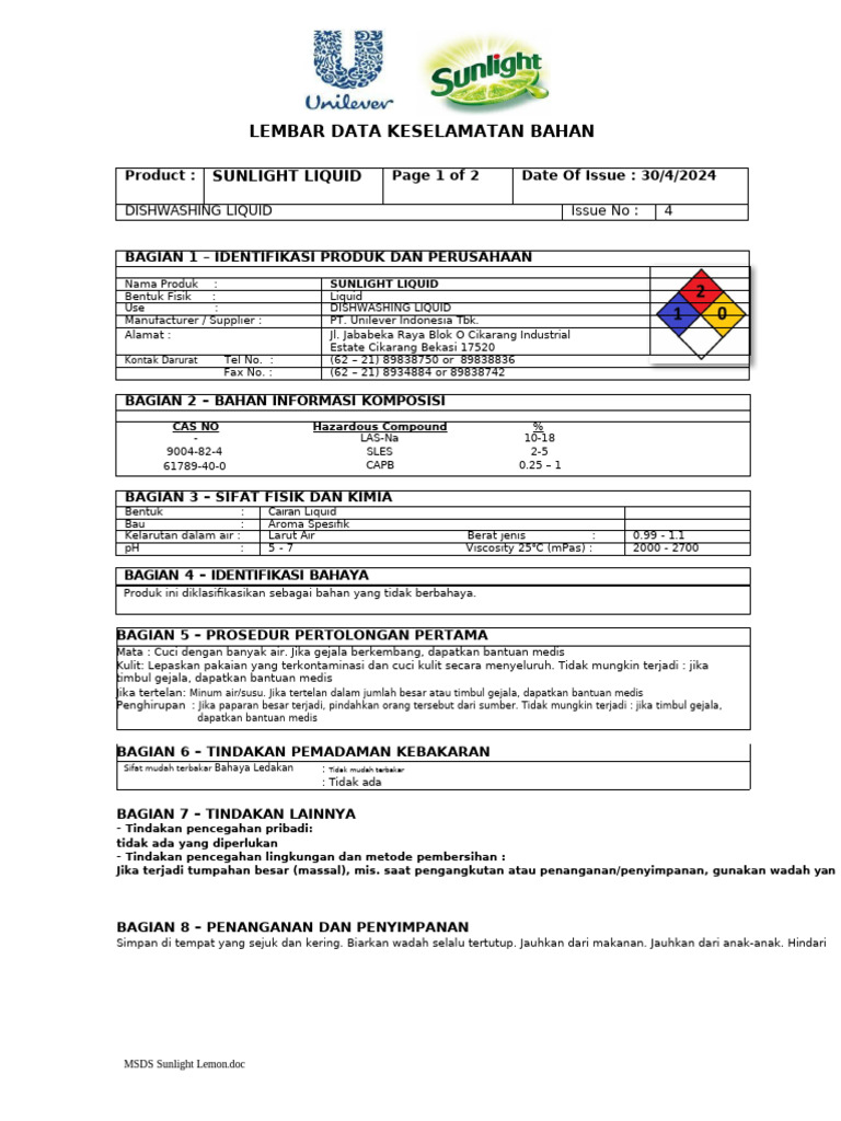 MSDS Sunlight | PDF