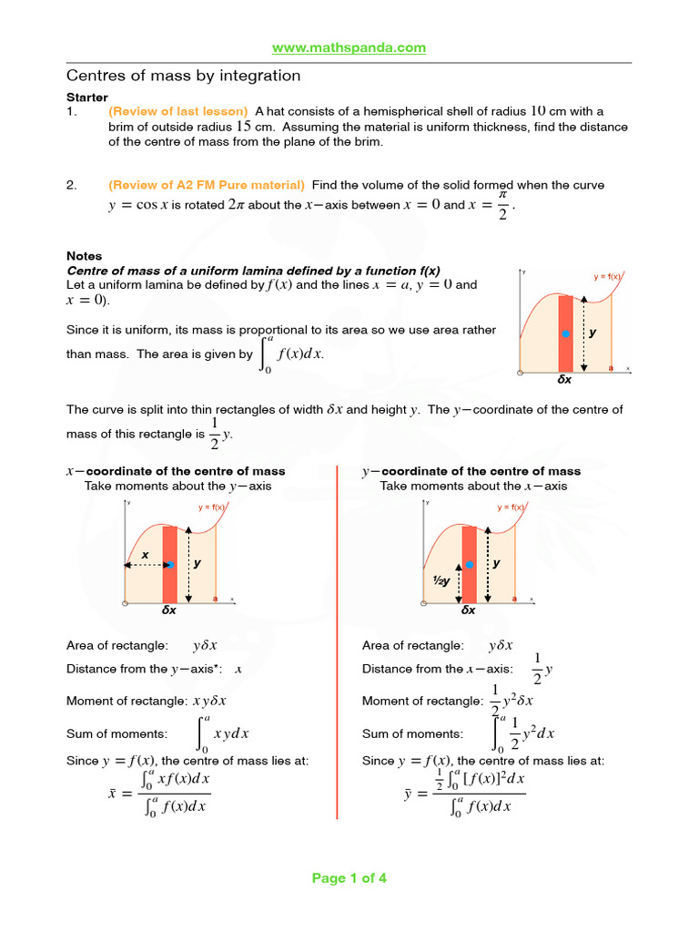 Centre of Mass by Integration | PDF | Area | Coordinate System