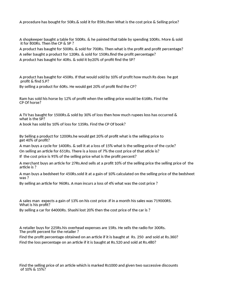 Profit and Loss Calculations Guide | PDF | Cost | Prices
