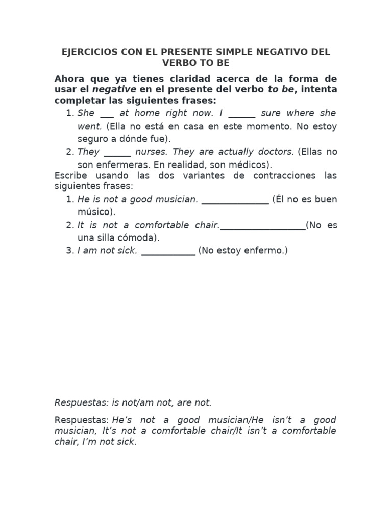 Ejercicios Con El Presente Simple Negativo Del Verbo To Be | PDF