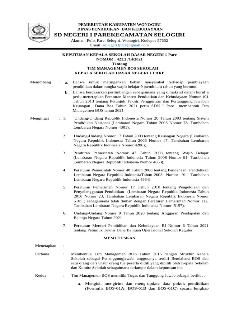 Tim Manajemen BOS SDN I Pare 2021 | PDF