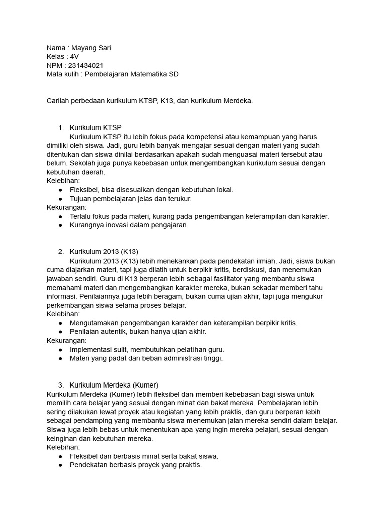 Perbandingan Kurikulum KTSP, K13, Kumer | PDF