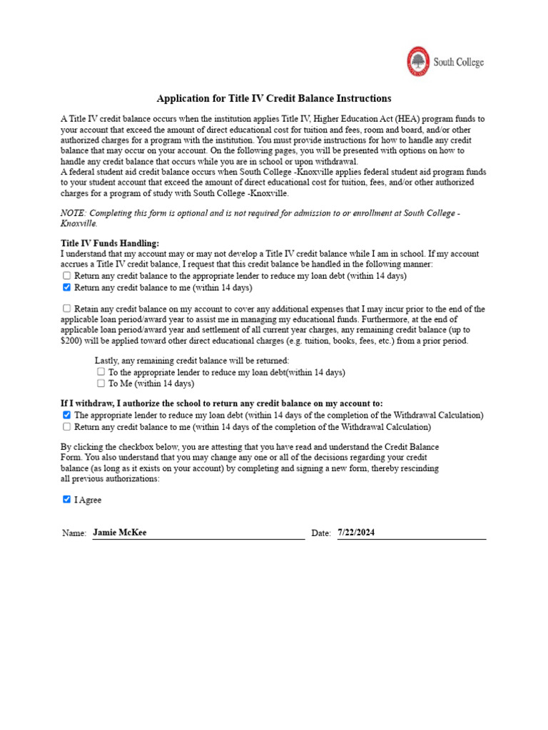Jamie McKee Title IV Credit Balance Form 072224 | PDF | Credit ...