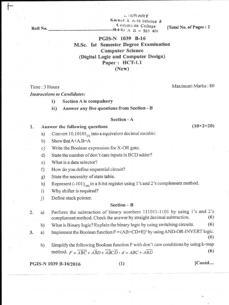 MSC 1 Sem Cs Digital Logic and Computer Design 1039 2016 | PDF