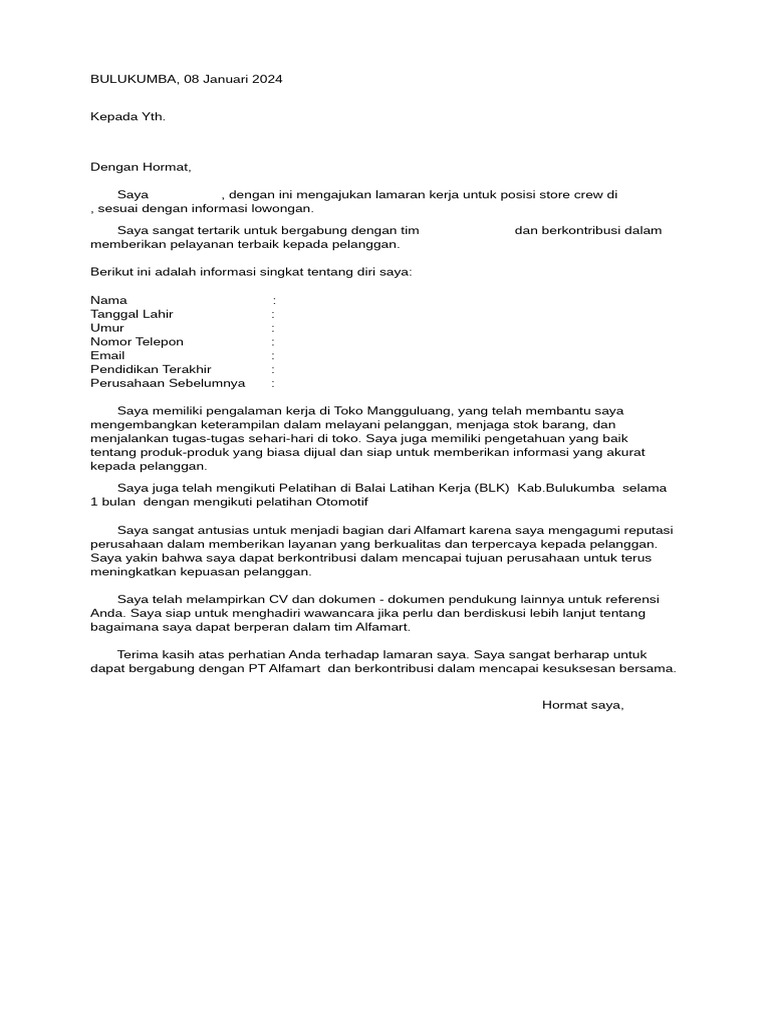 Surat lamaran kerja Adi Syahputra | PDF