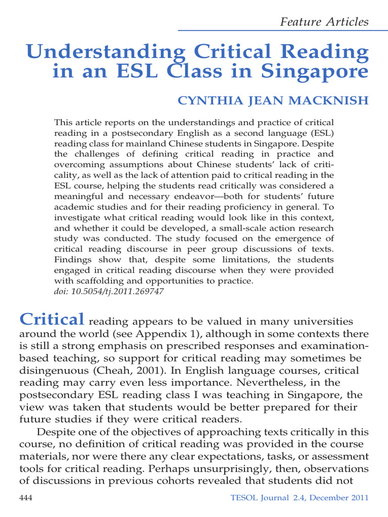 Critical Reading in Second Language | PDF | English As A Second Or Foreign Language | Teachers
