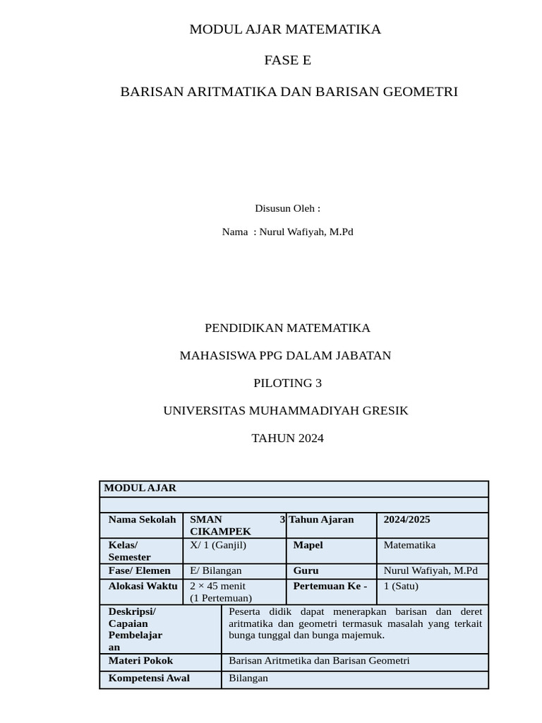 Modul Ajar Barisan Aritmatika & Geometri | PDF
