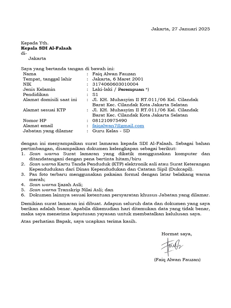 Surat_Lamaran_SDI Al-Falaah | PDF