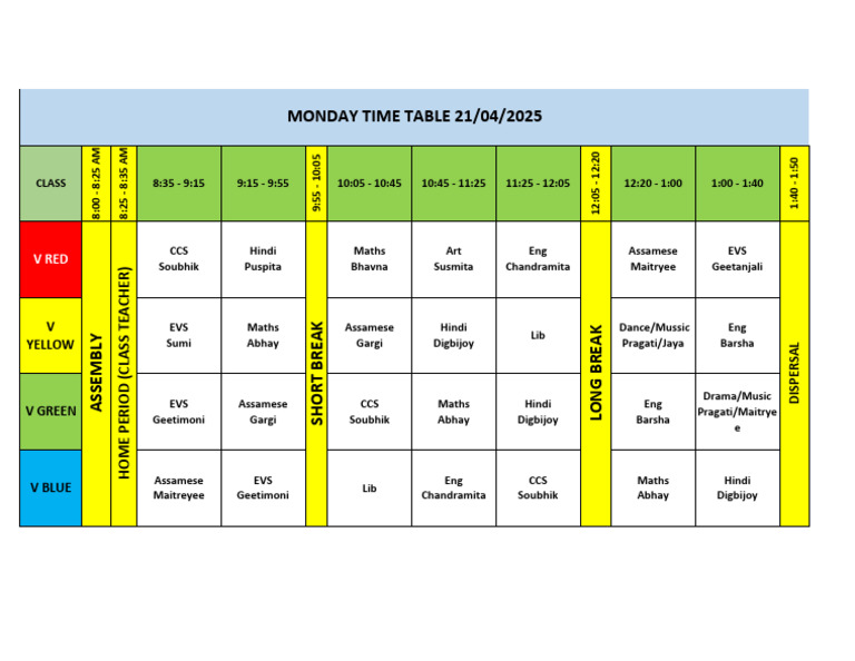 Monday Time Table Class V | PDF