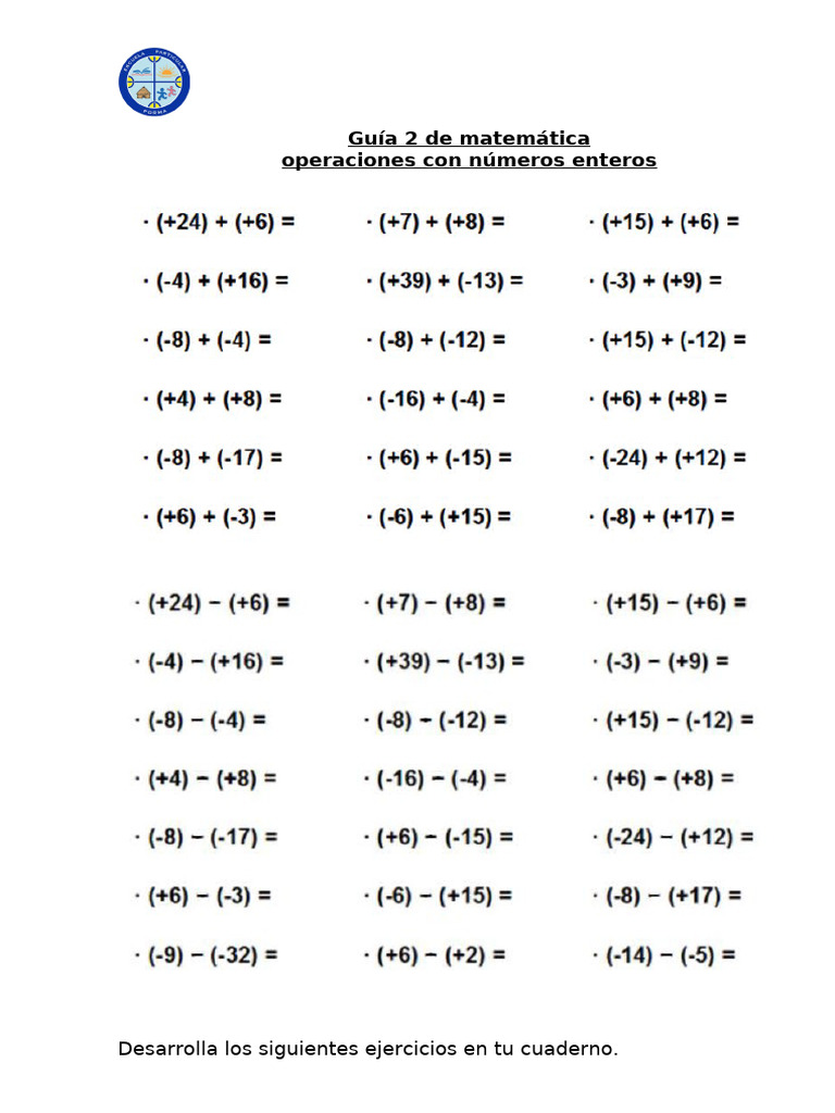 7° Sumas y Restas de Numeros Enteros | PDF