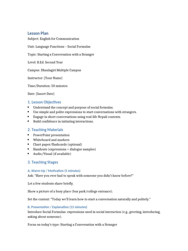 Lesson Plan Starting Conversation | PDF | Conversation | Lesson Plan