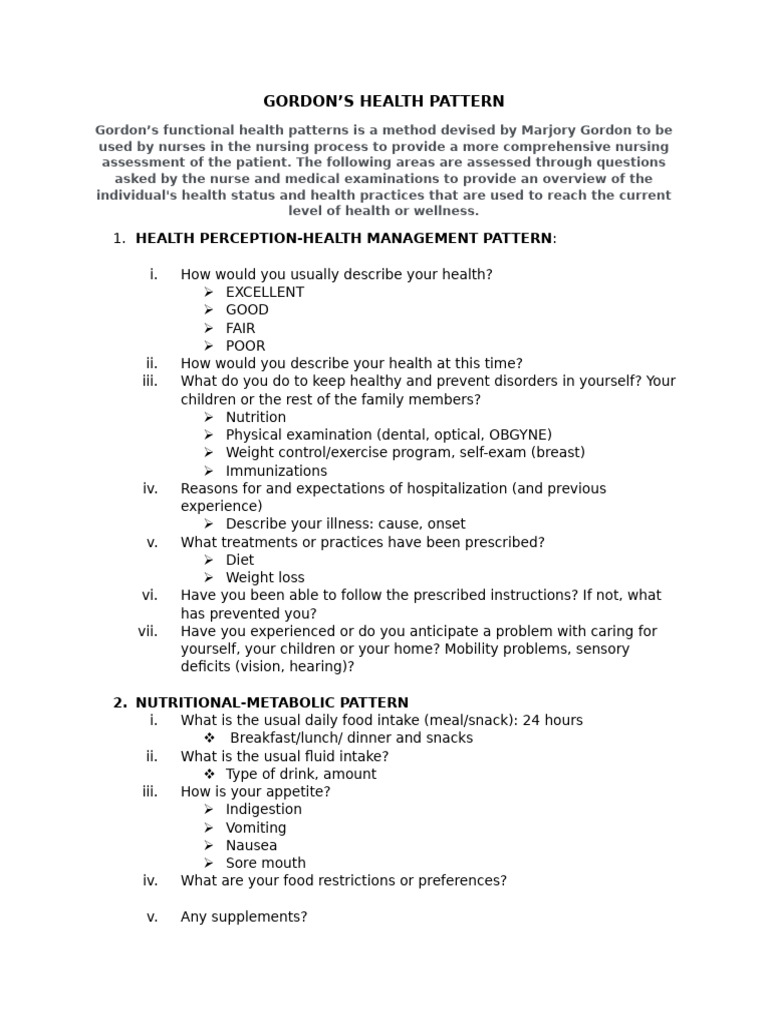 Gordon's Health Patterns Assessment Guide | PDF | Weight Loss