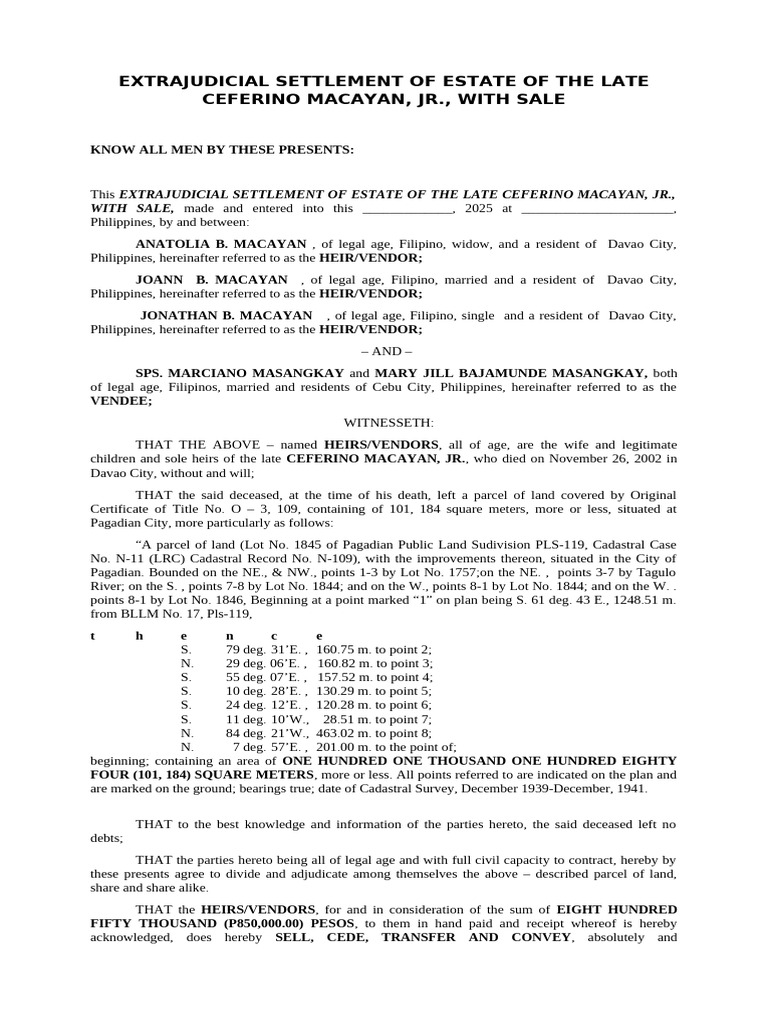 Extrajudicial Settlement of Estate of The Late Ceferino Macayan Jr ...