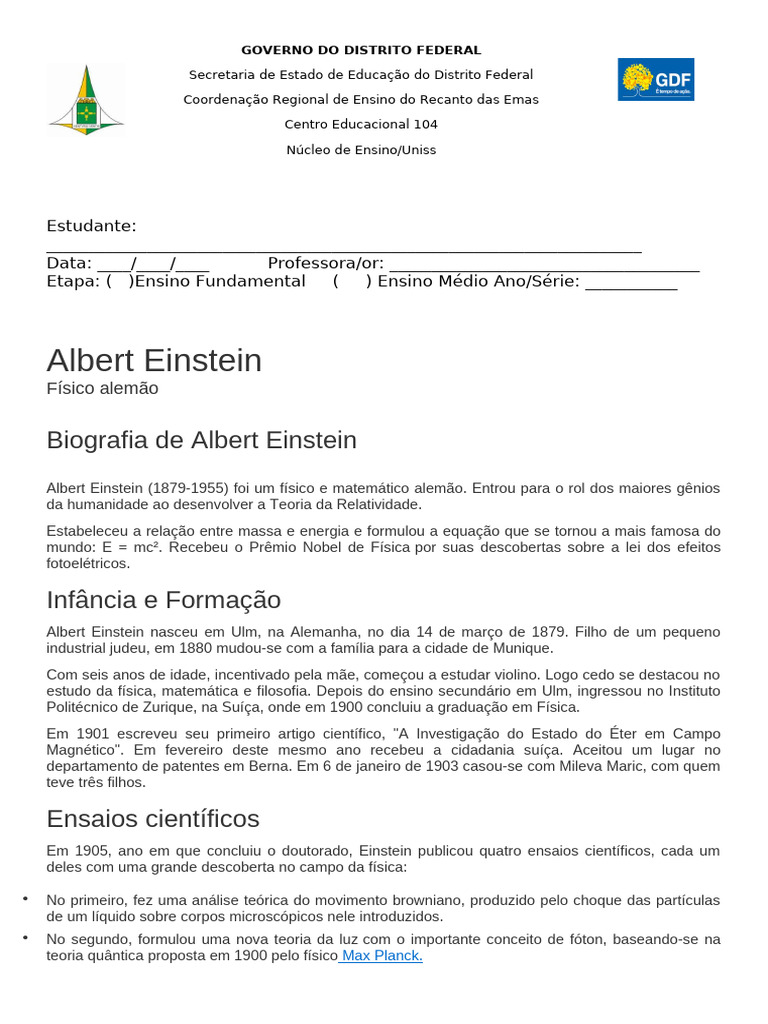 Einstein Biografia e Questionário | PDF | Albert Einstein | Física