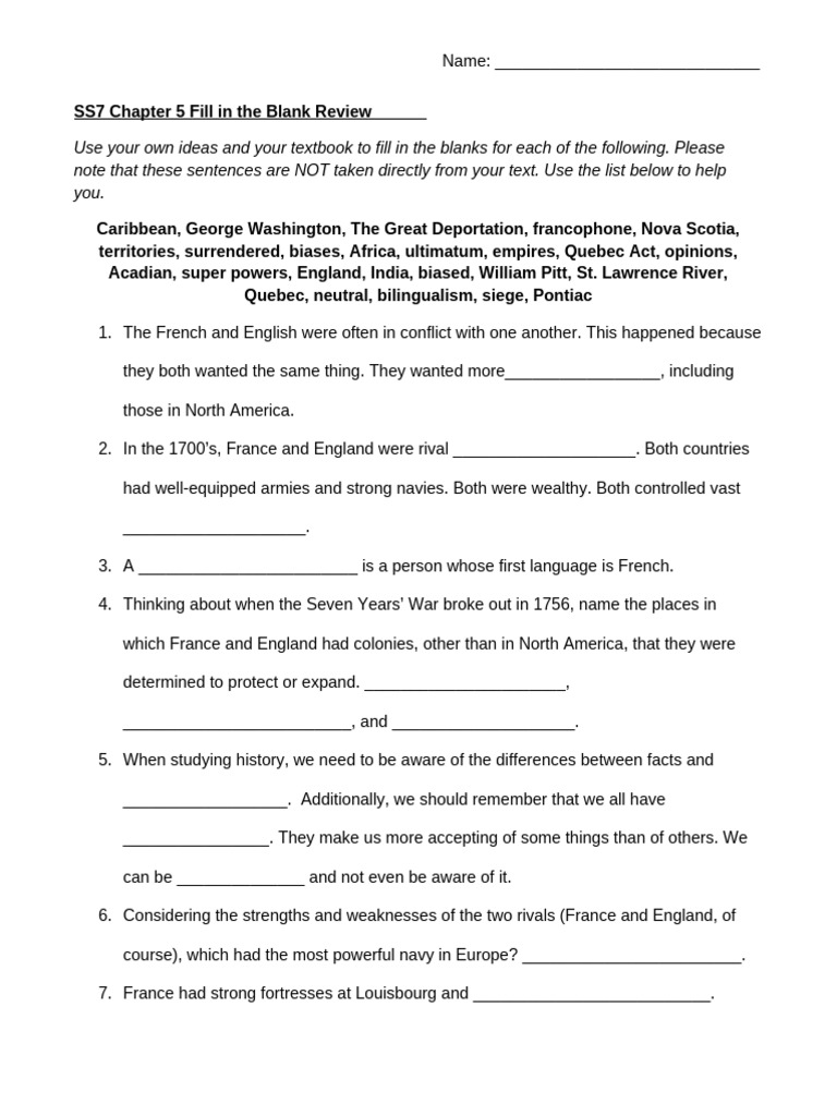 Chapter 5 Fill in The Blank Review Better | PDF | Acadians | Acadia
