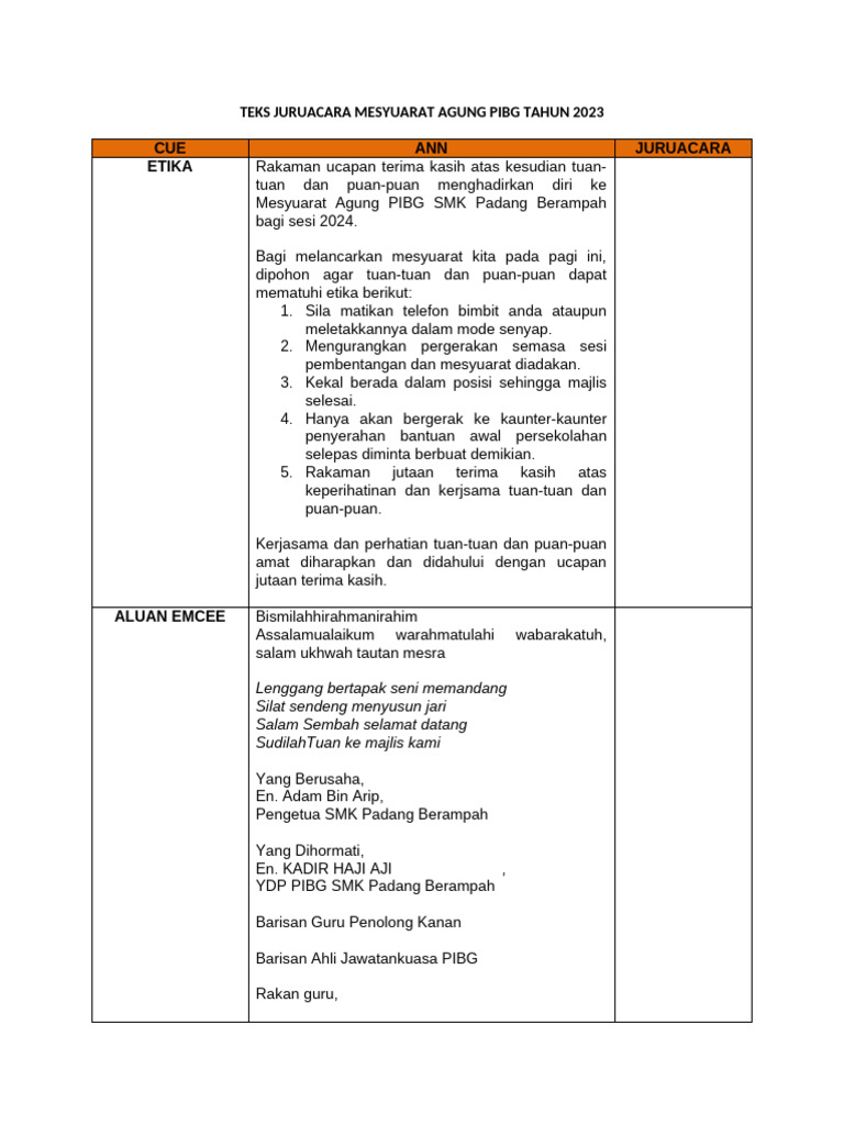 Teks Juruacara Mesyuarat Agung Pibg Tahun 2024 | PDF