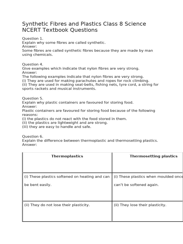 Synthetic Fibres and Plastics Class 8 Science NCERT Textbook Questions ...