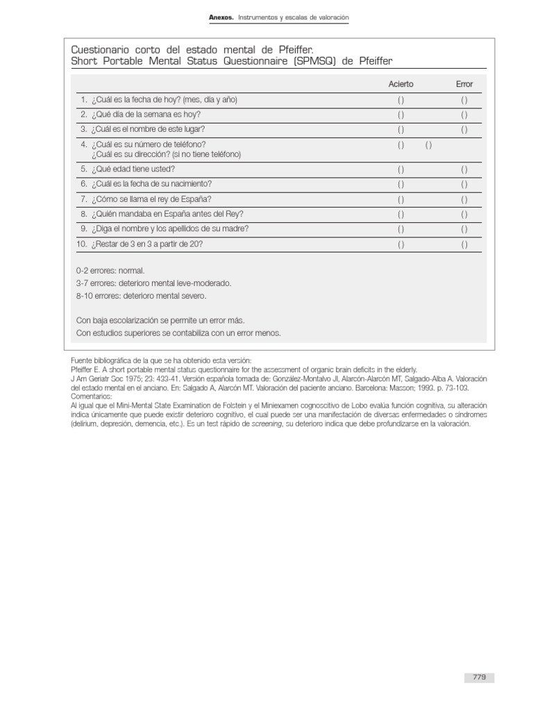 Cuestionario de Pfeiffer para Deterioro Cognitivo | PDF | Enfermedades ...