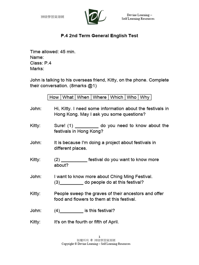 P.4 General English Test Resources | PDF | Foods | Cuisine