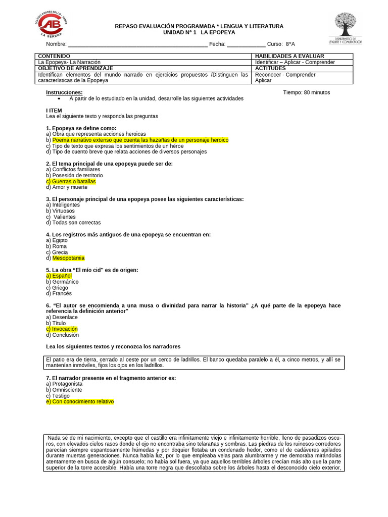 8ºA REPASO PP Epopeya- La Narración | PDF | Poesía épica | Narración