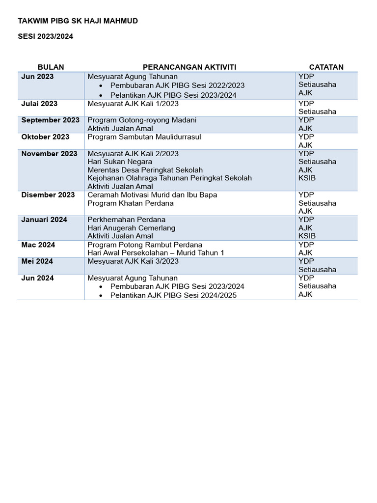 Takwim Pibg SK Haji Mahmud | PDF