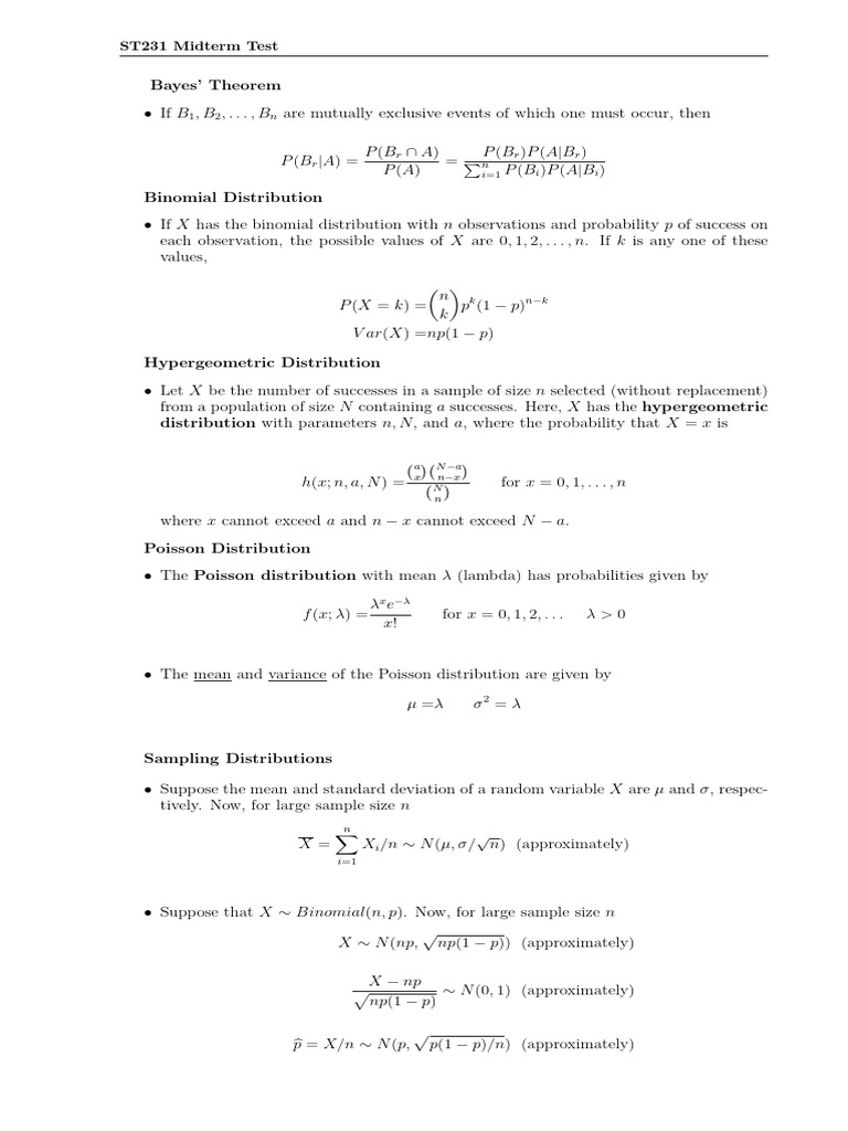 ST231 Midterm Formulae W2025 | PDF | Poisson Distribution | Teaching Mathematics