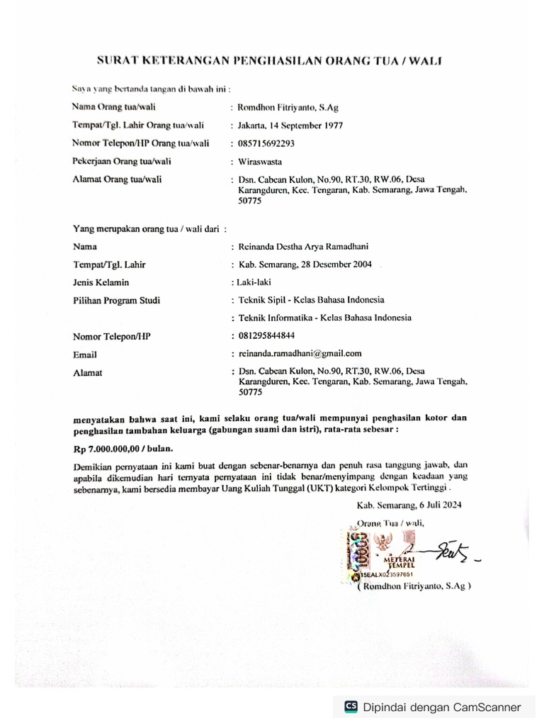 Surat Penghasilan Ortu UB | PDF