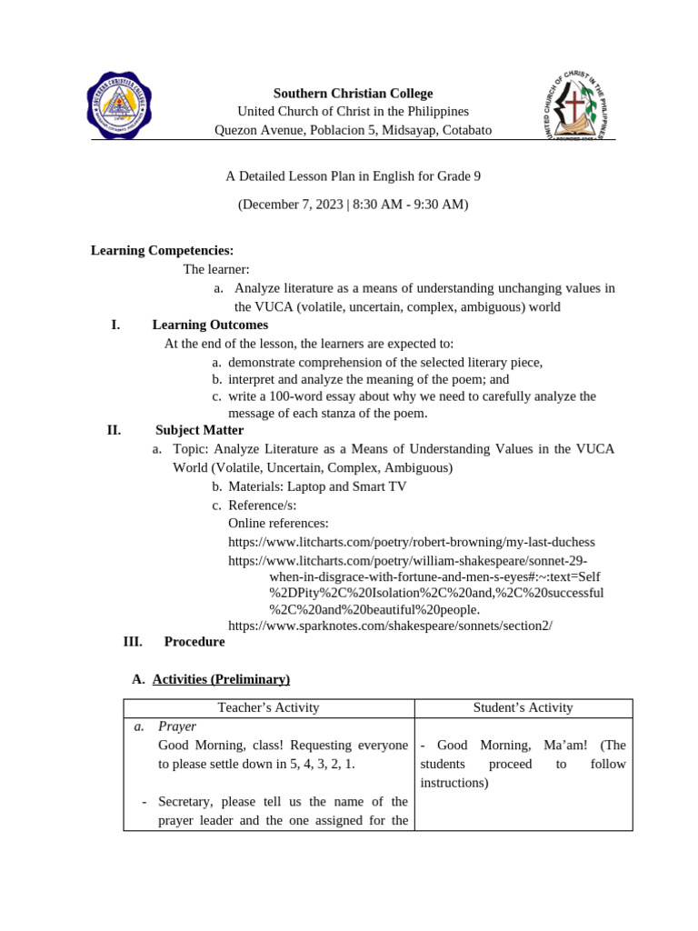 Grade 9 Kindness Lesson Plan Day 2 1 | PDF | Thou