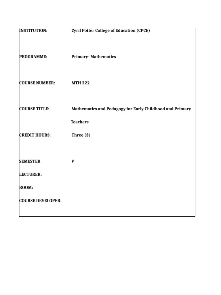 MTH 222 Mathematics and Pedagogy For Early Childhood and Primary Teachers | PDF | Pedagogy ...