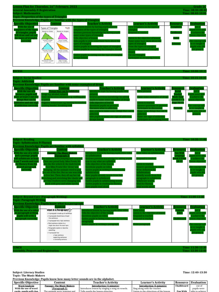 4-Lesson Plan-Grade 5C-16th February, 2023 | PDF | Word | Fluency