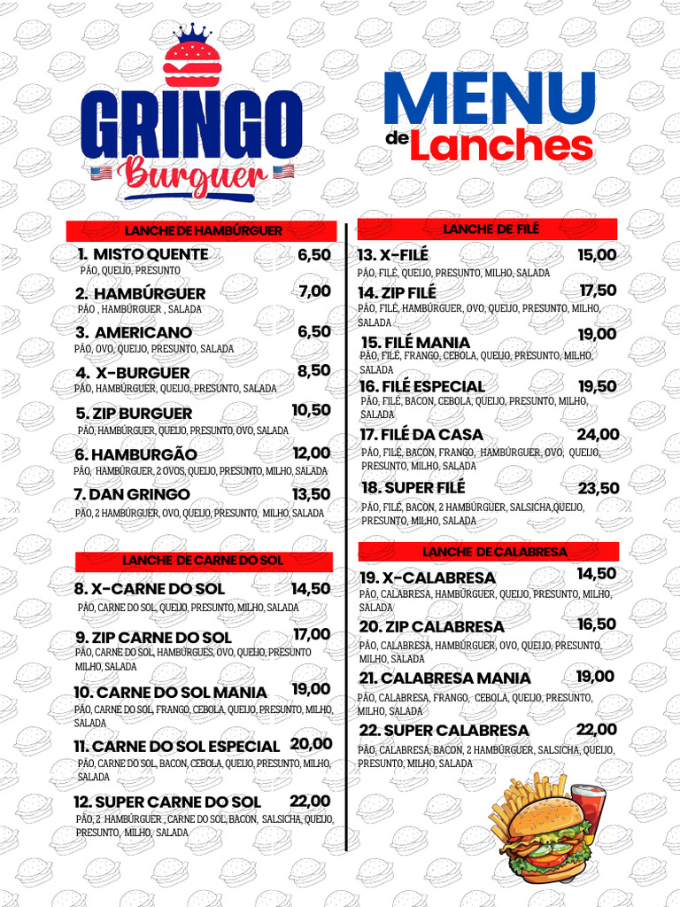 Cardápio da Lancheria do Gringo | PDF | Hambúrgueres | Culinária