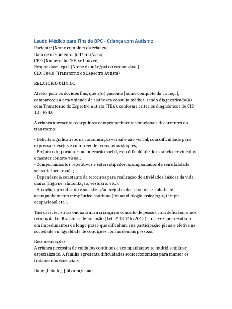 MODELO DE Laudo - Medico - BPC - Autismo | PDF