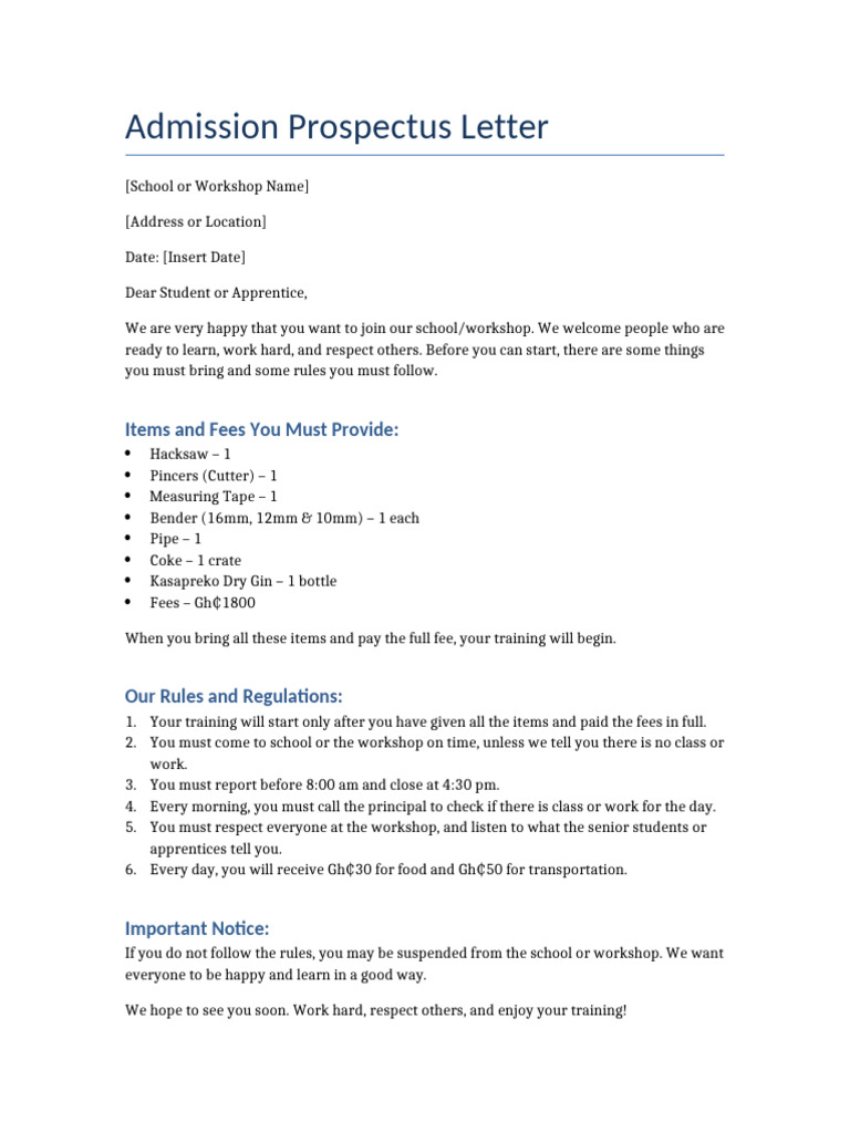 Admission Prospectus Letter | PDF