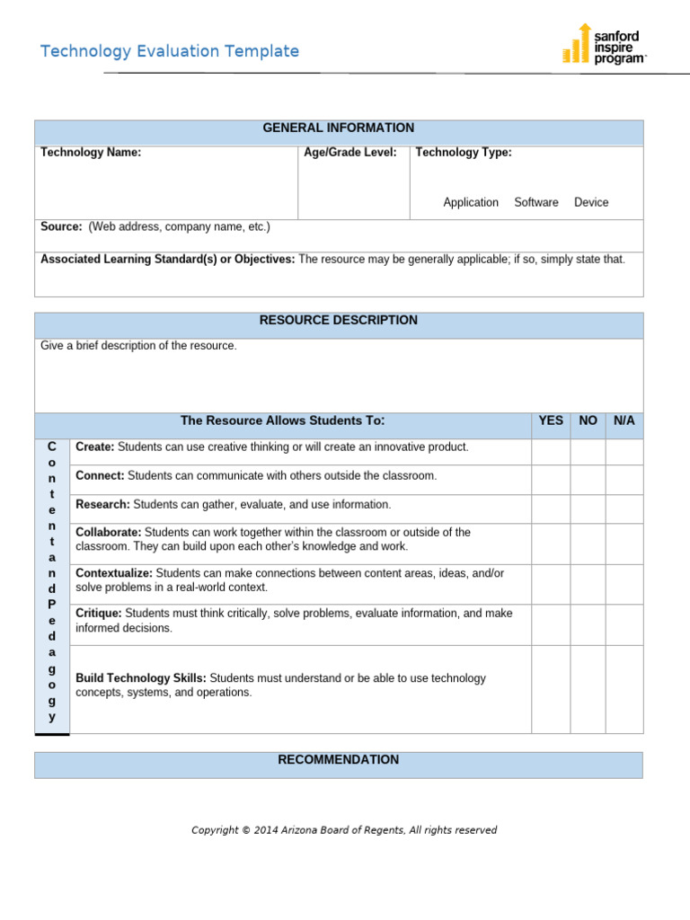 Technology Evaluation Form | PDF | Critical Thinking | Learning