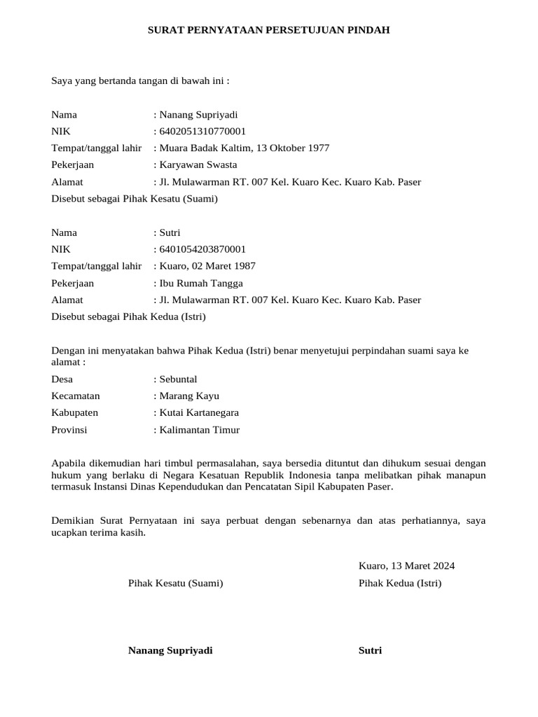 SURAT PERNYATAAN PERSETUJUAN PINDAH | PDF