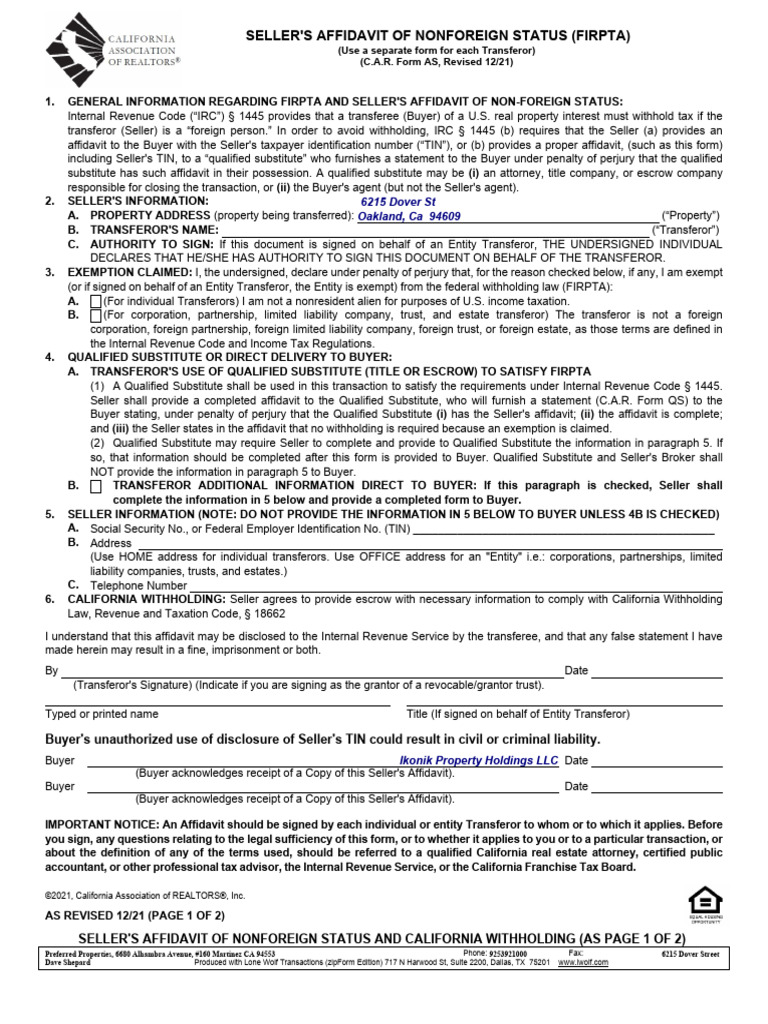Seller's Affidavit of Nonforeign Status (FIRPTA) #1 - 12 - 21 | PDF ...