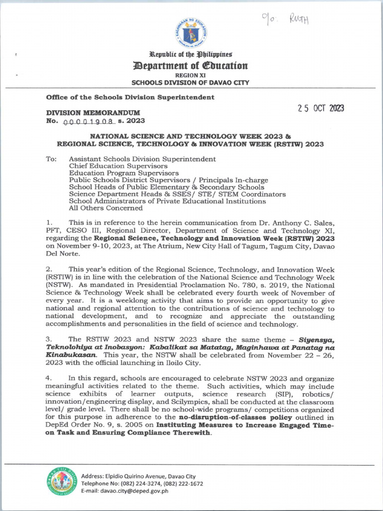 2023 DM No. 1908 National Science and Technology Week 2023 Regional ...