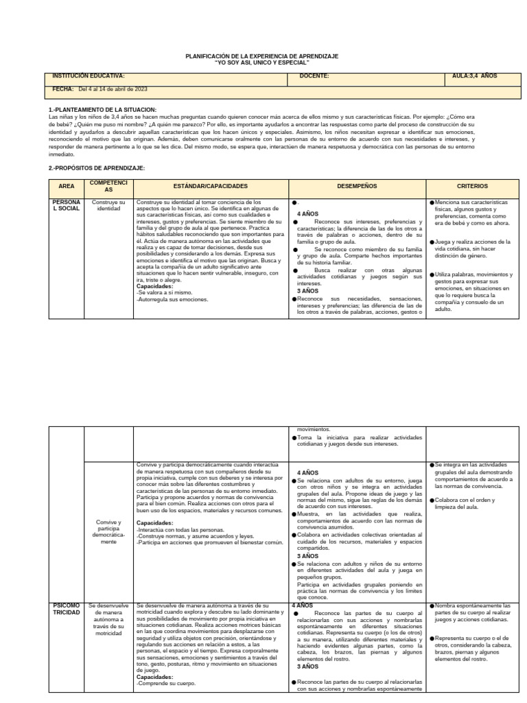 Planificacion de Experiencias 3y 4 Años (2) (Reparado) | PDF | Las emociones | Comunicación humana