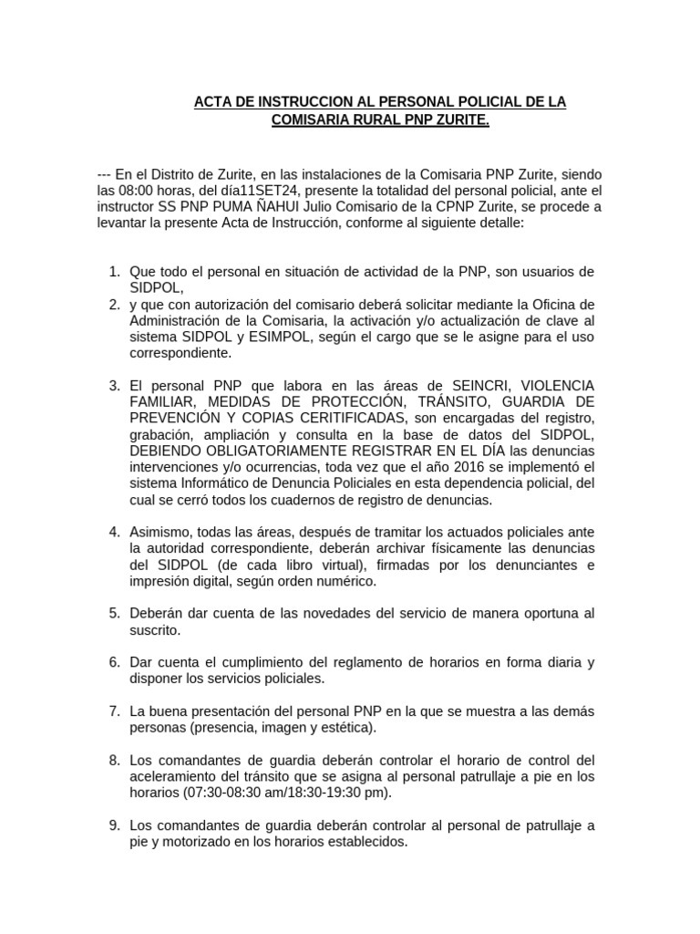 Acta de Instruccion Al Personal Policial de La Comisaria Rural PNP Zurite | PDF | Policía ...